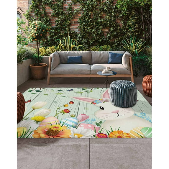 Easter Cartoon Rabbits Outdoor Rug, Spring Flowers Leaf Branches Green ...