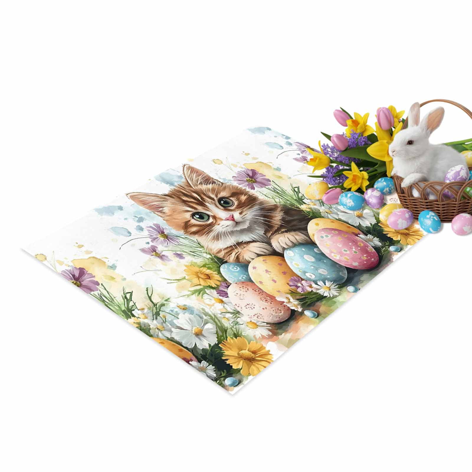 Easter Cat Door Mat Watercolor Pink Green Yellow Eggs Spring White ...