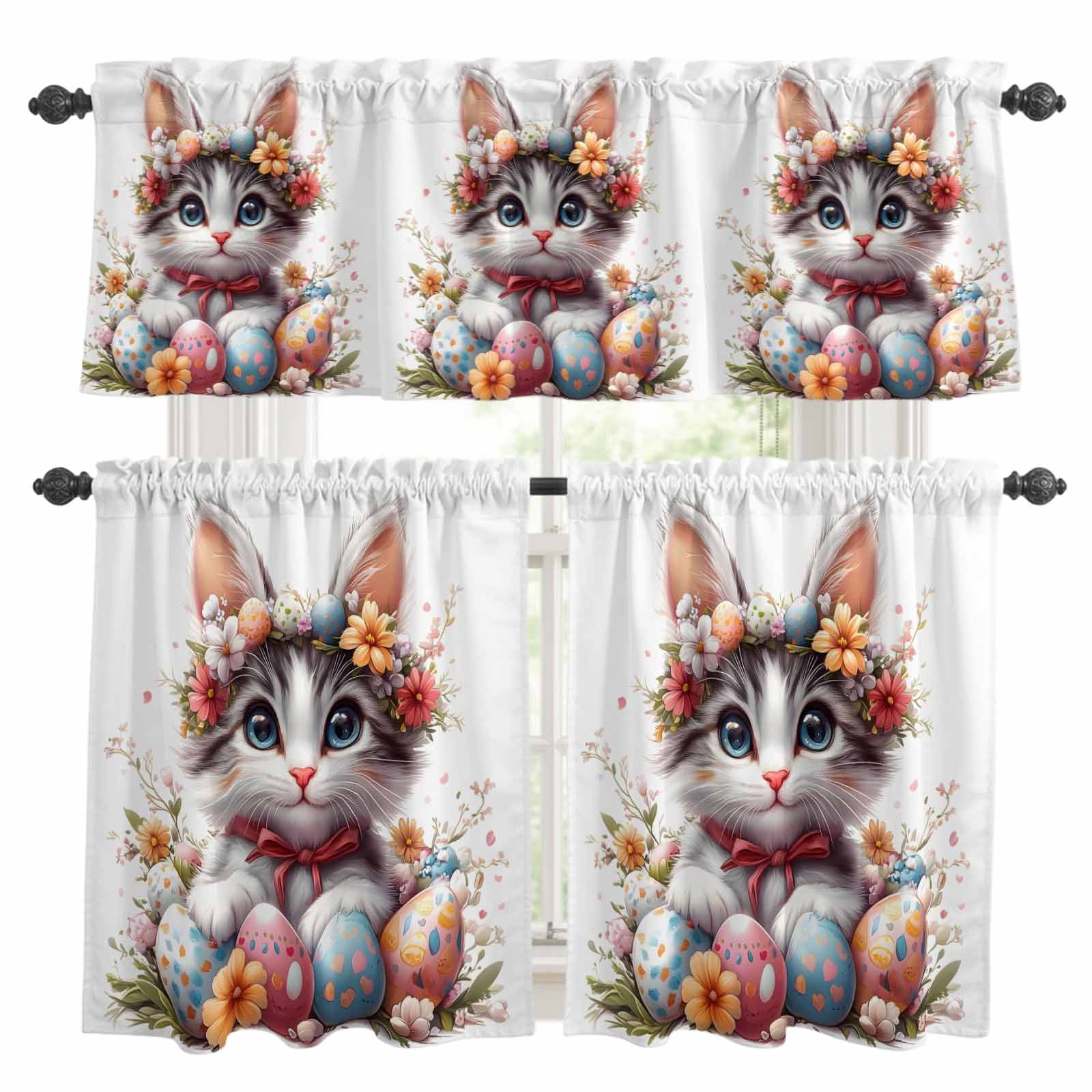 Easter Cat Kitchen Curtains and Valances Set, Watercolor Cartoon Cat ...