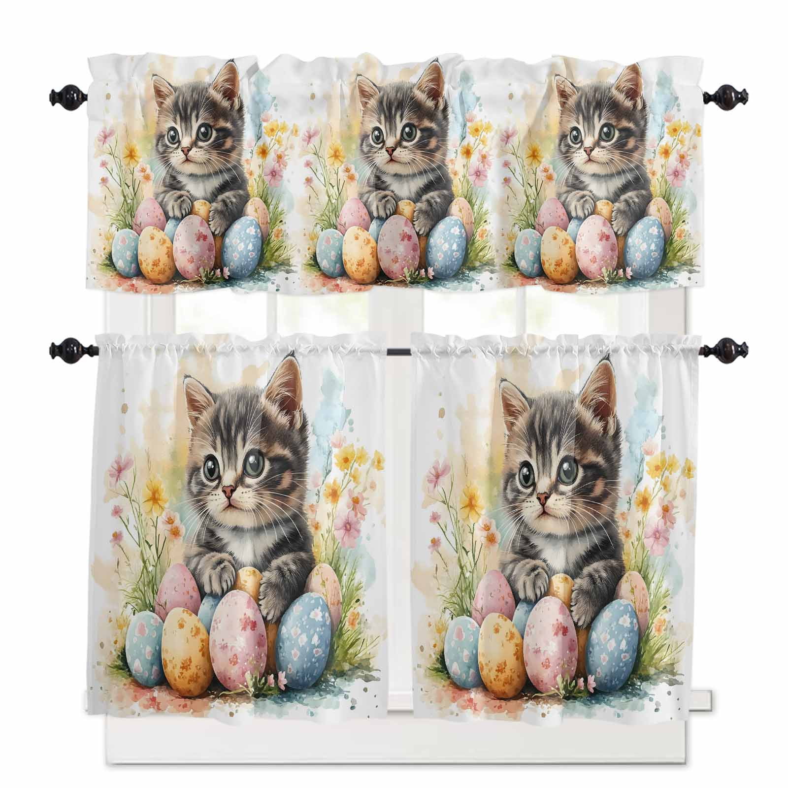 Easter Cat Kitchen Curtains Valances and Tiers Set of 3 Watercolor Pink ...