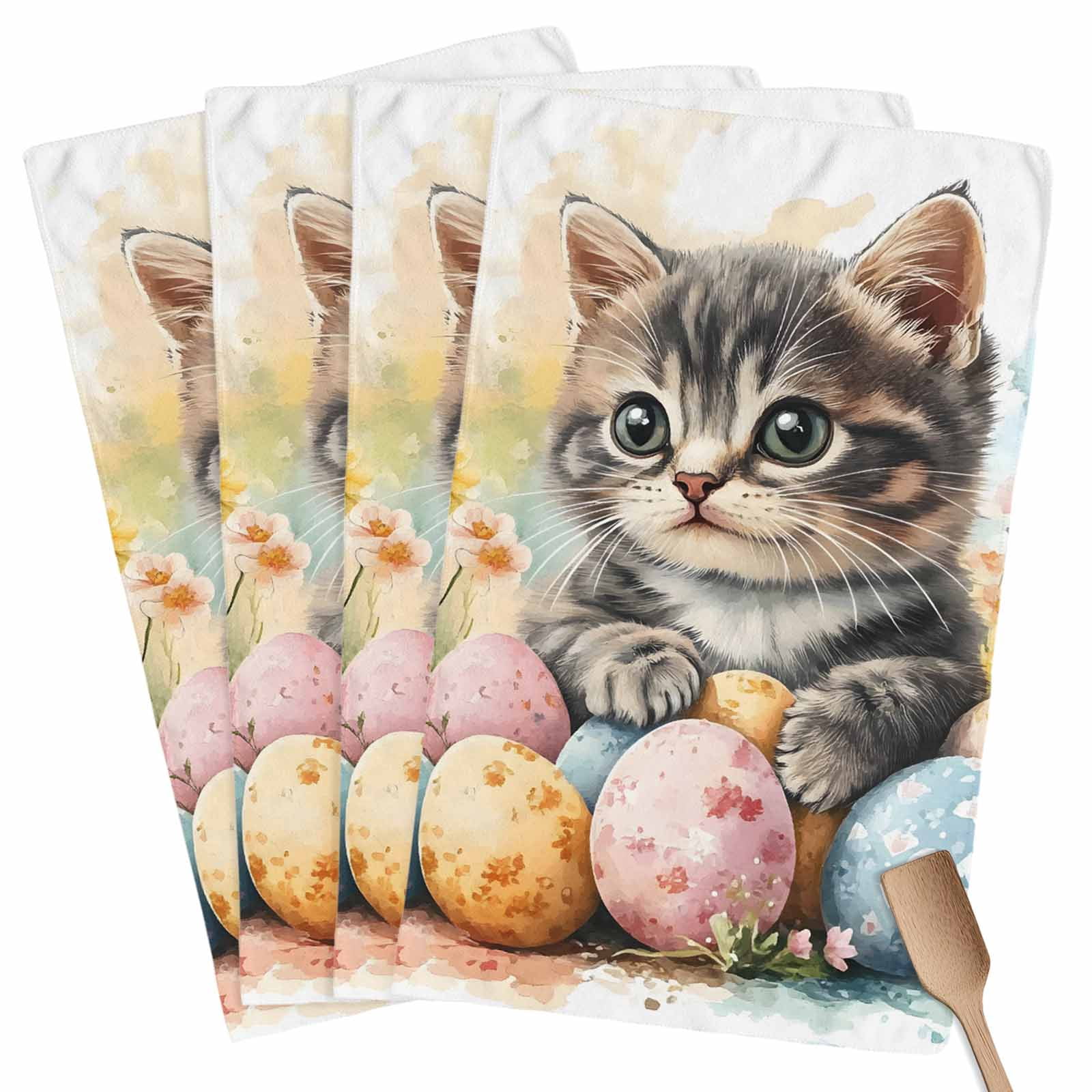 Easter Cat Kitchen Towel Watercolor Pink Blue Yellow Eggs Spring ...