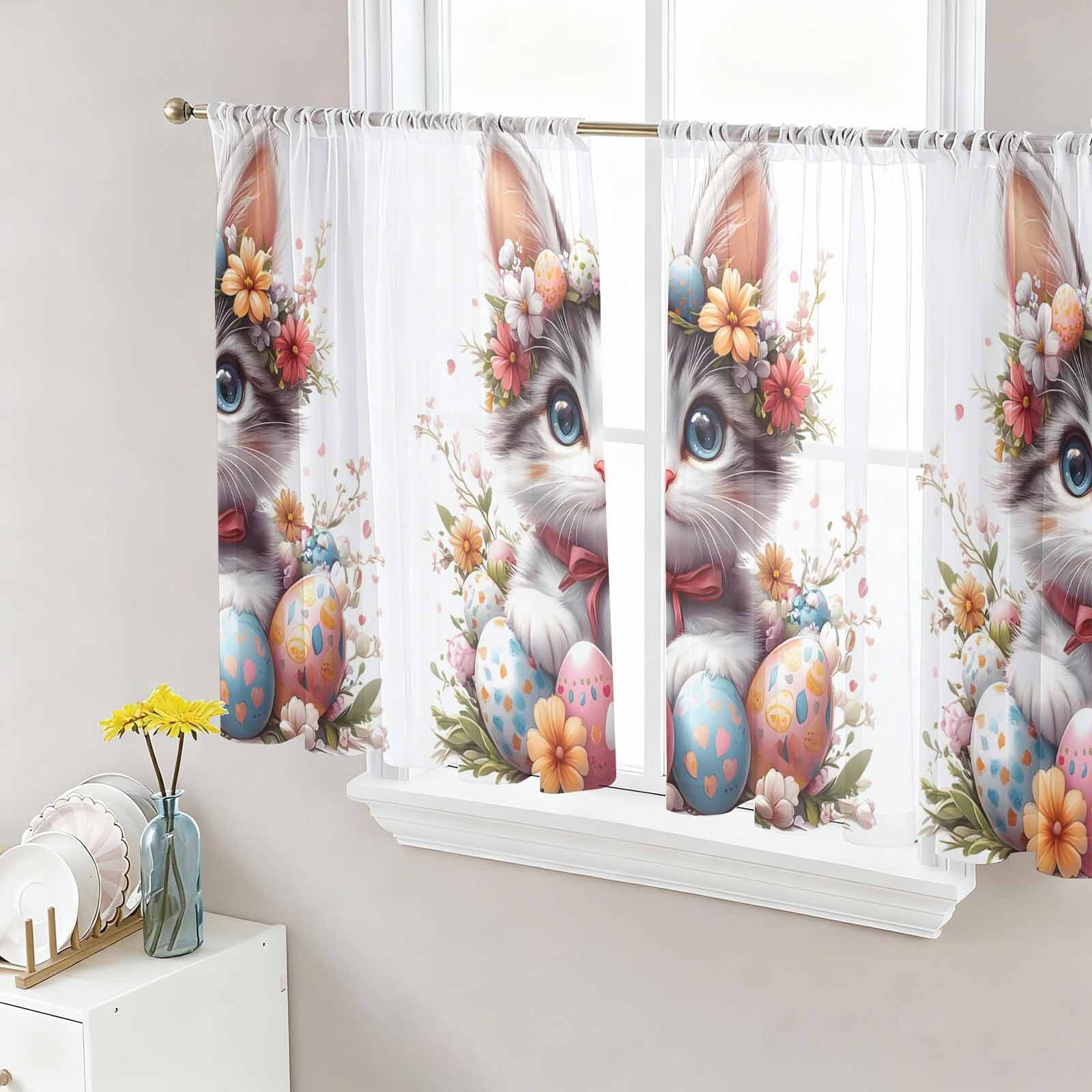 Easter Cat Semi Sheer Curtains 54 Inch Length 2 Panels Set, Cute Spring ...