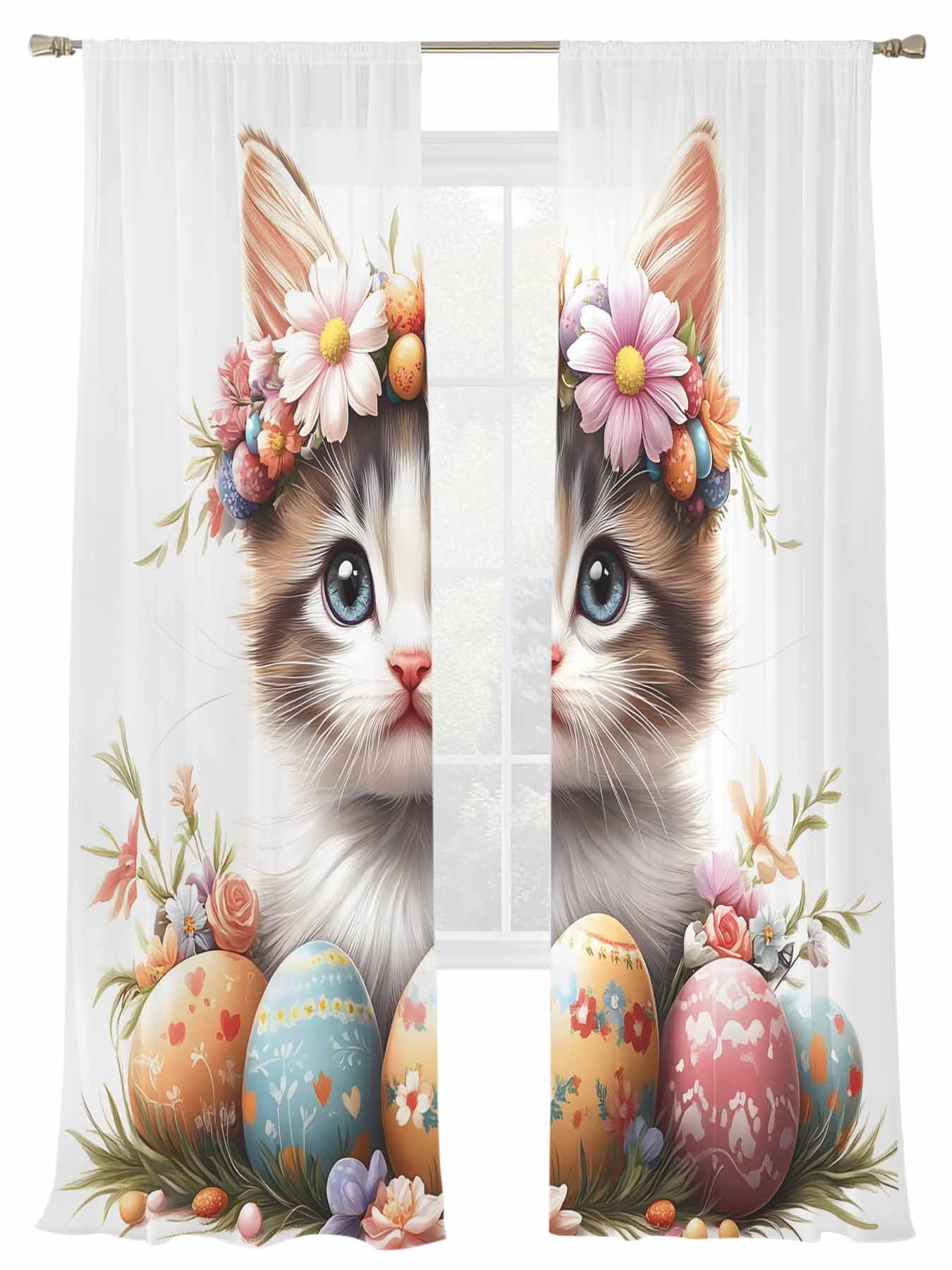 Easter Cat Sheer Curtains 2 Panels Set Cartoon Cute Cat Orange Red ...