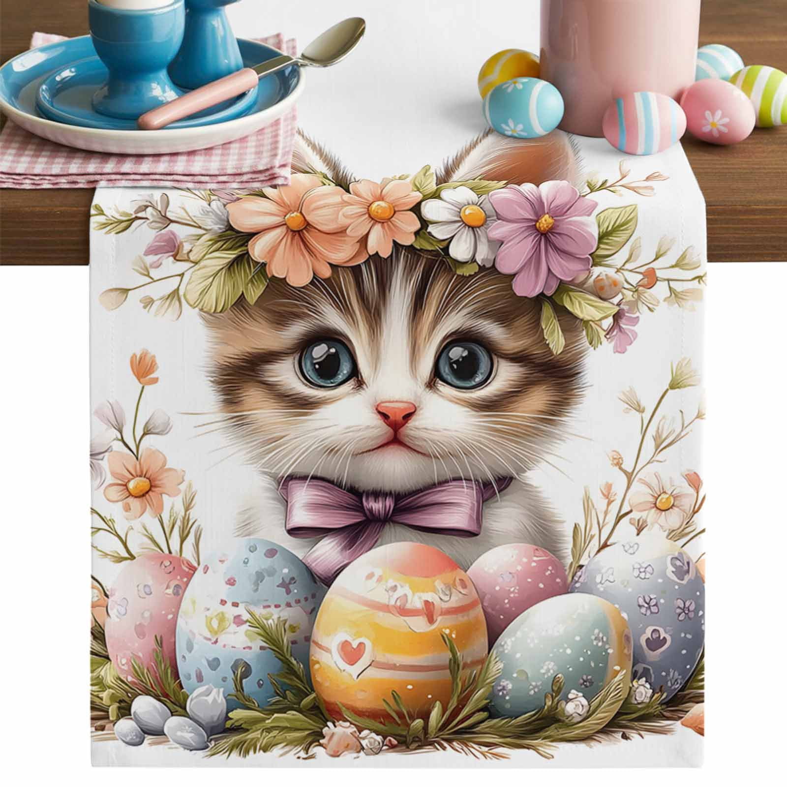 Easter Cat Table Runner, Watercolor Cartoon Cat Orange Pink Blue Eggs ...