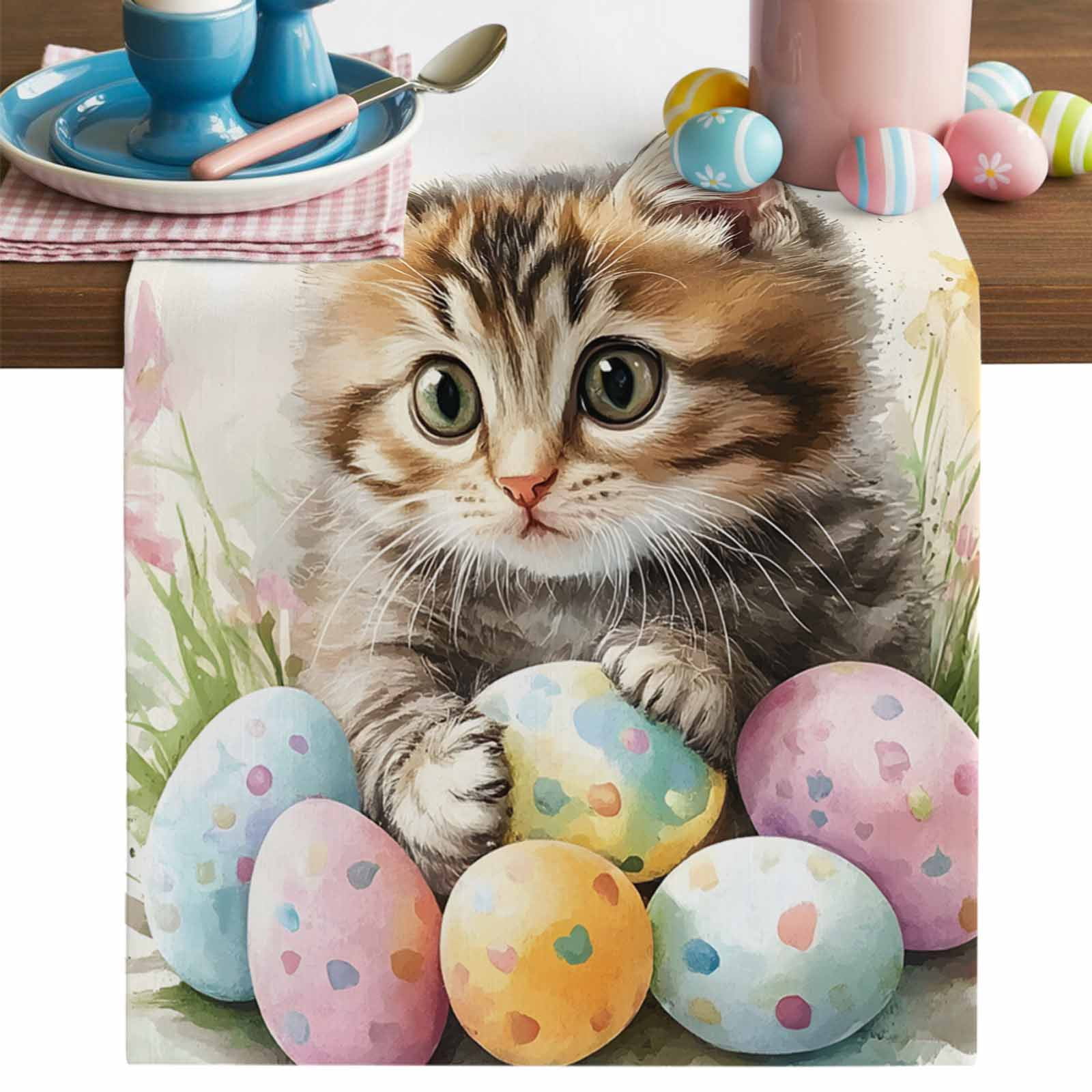 Easter Cat Table Runner, Watercolor Cute Cat Pink Blue Yellow Eggs ...