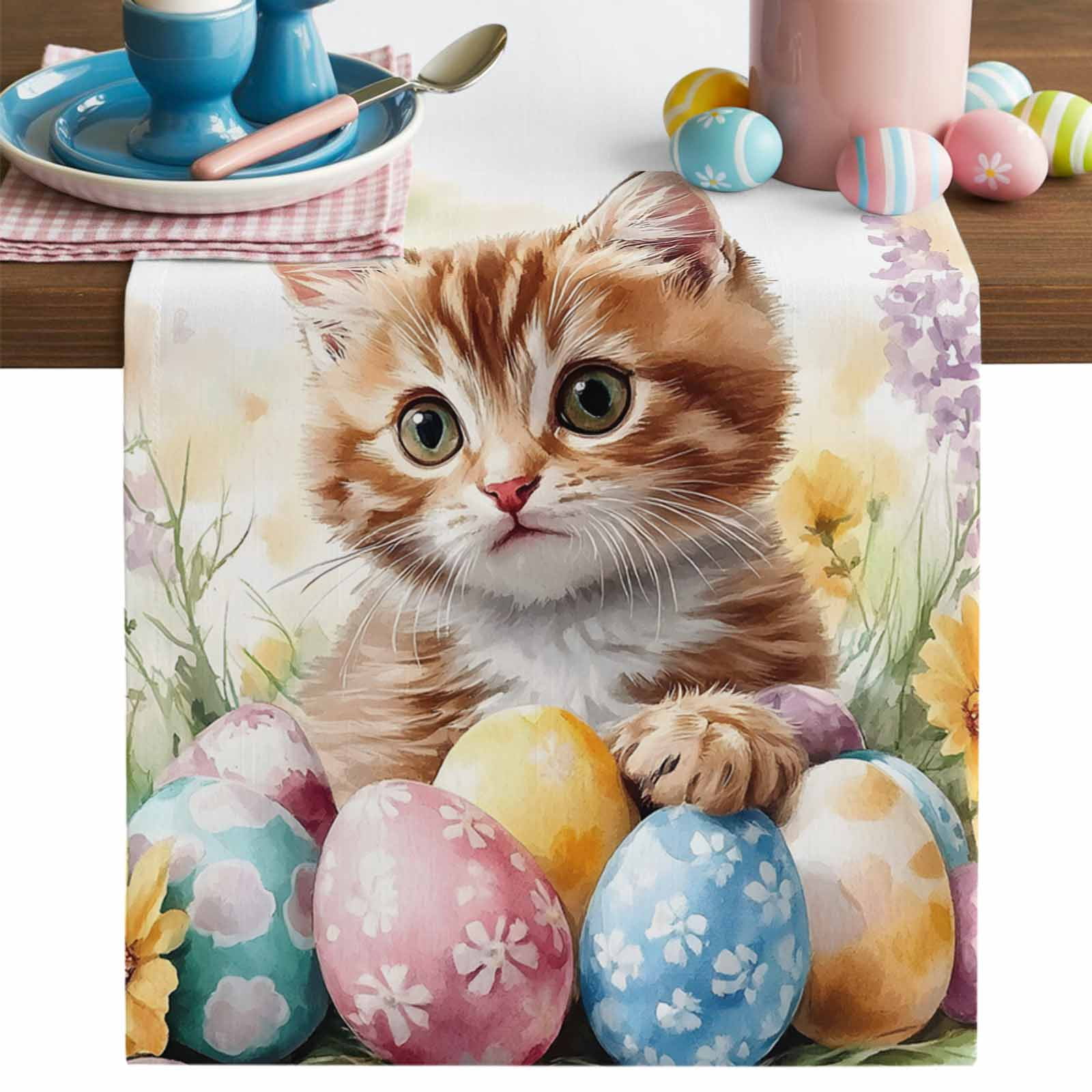 Easter Cat Table Runner, Watercolor Pink Blue Yellow Eggs Spring Yellow ...