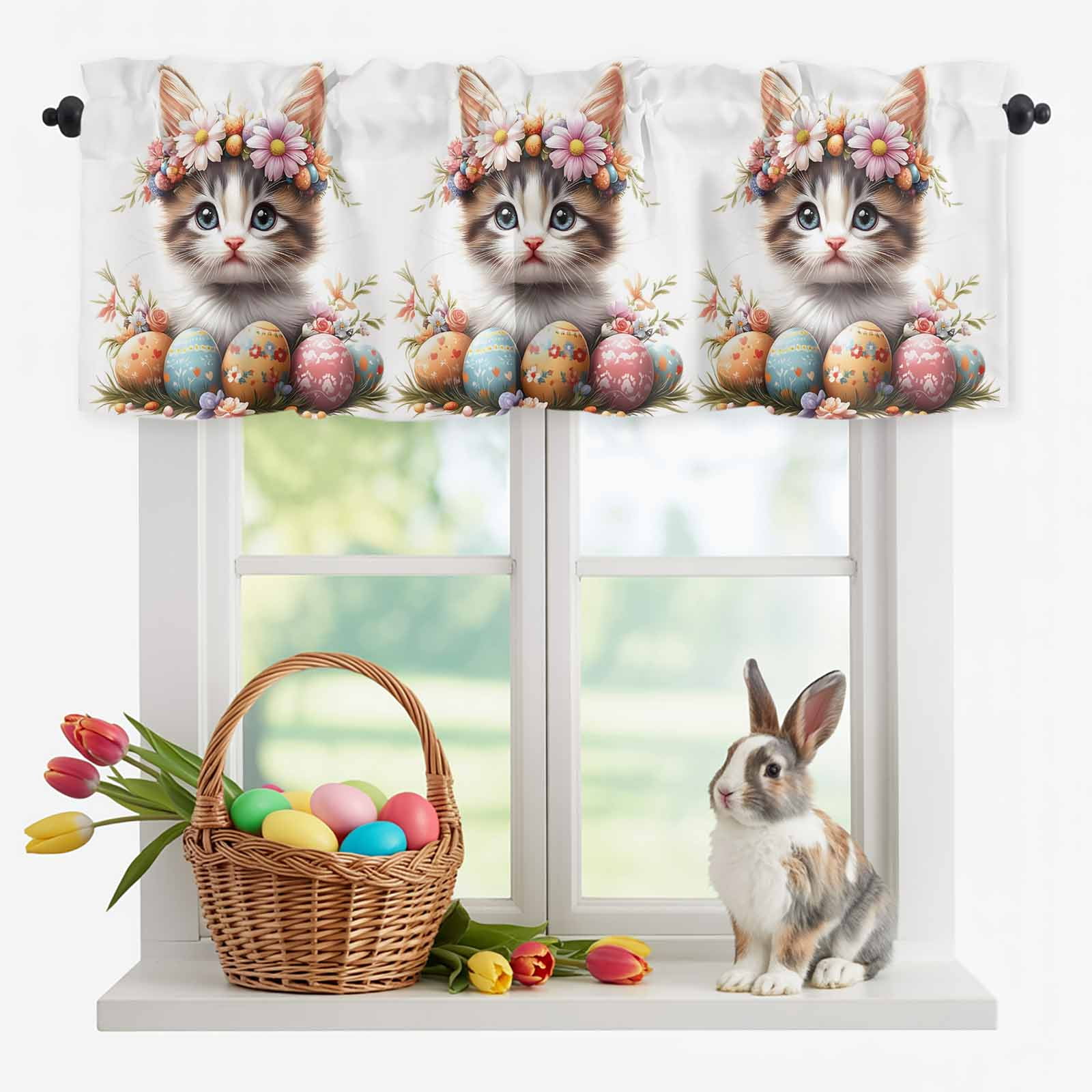 Easter Cat Valances for Windows, Cartoon Cute Cat Orange Red Green Eggs ...