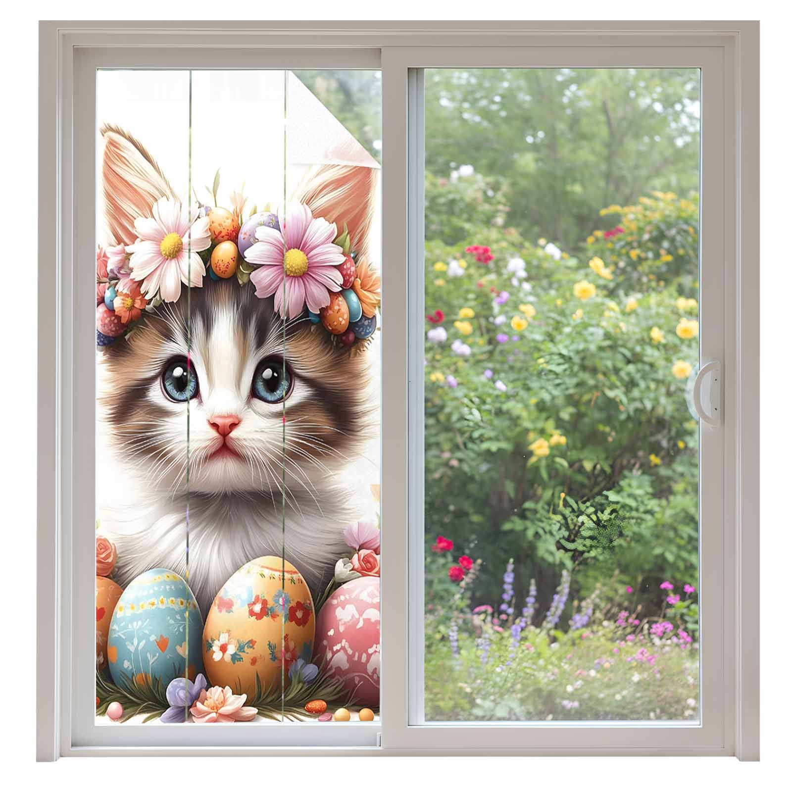 Easter Cat Window Privacy Film, Cartoon Cute Cat Orange Red Green Egg ...
