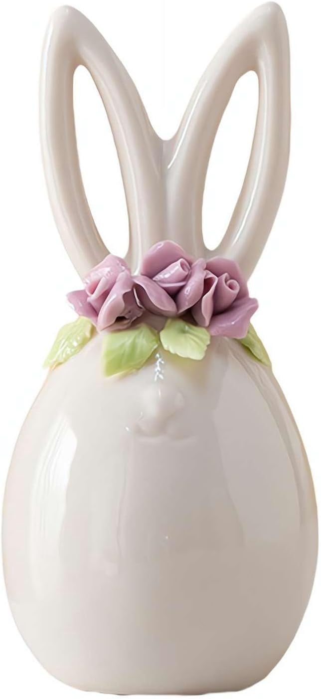 Easter Ceramic Bunny Decor, Porcelain Rabbit Figurine with Rose Flowers ...