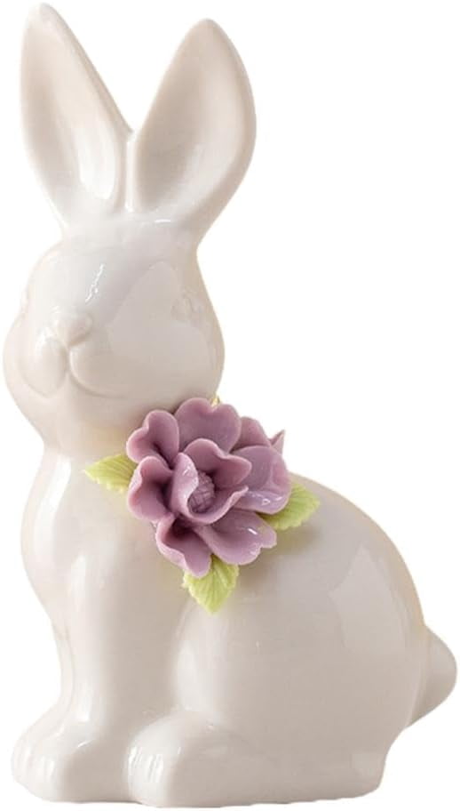Easter Ceramic Bunny Decor with Rose Flowers, White Porcelain Spring ...