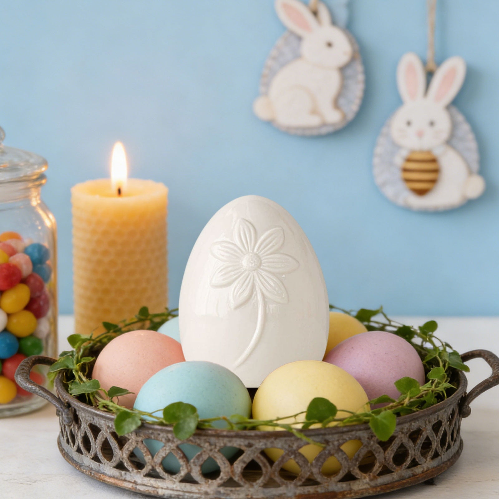 Easter Ceramic Egg Figurine - Rustic Farmhouse Style Desktop Decor with ...