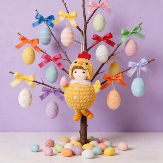Easter Chick Hat Pot Belly Girl Clutching Colored Egg Pendant, Festive ...