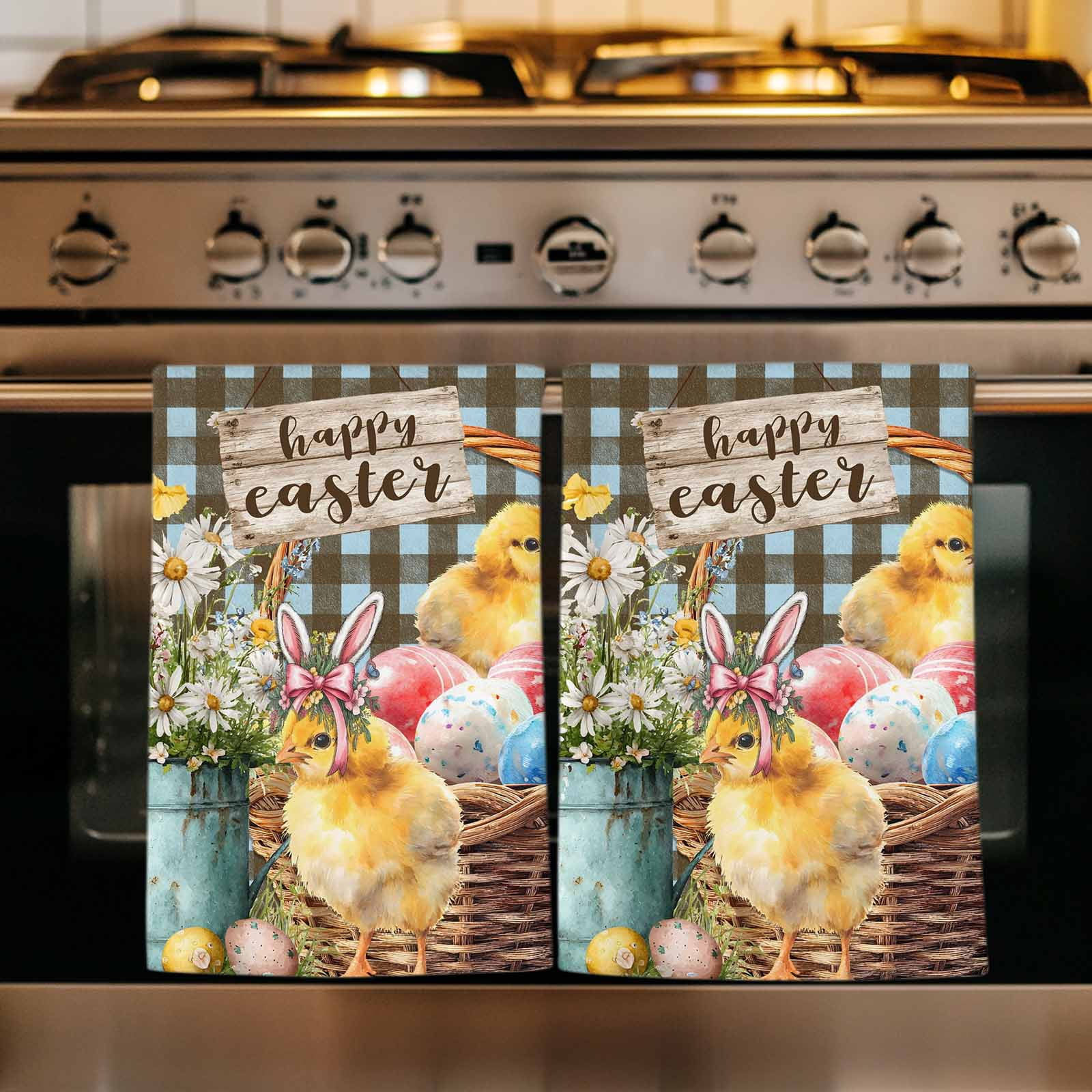 Easter Chicken Eggs Kitchen Towels Set of 3, Spring Daisy Flowers Blue ...