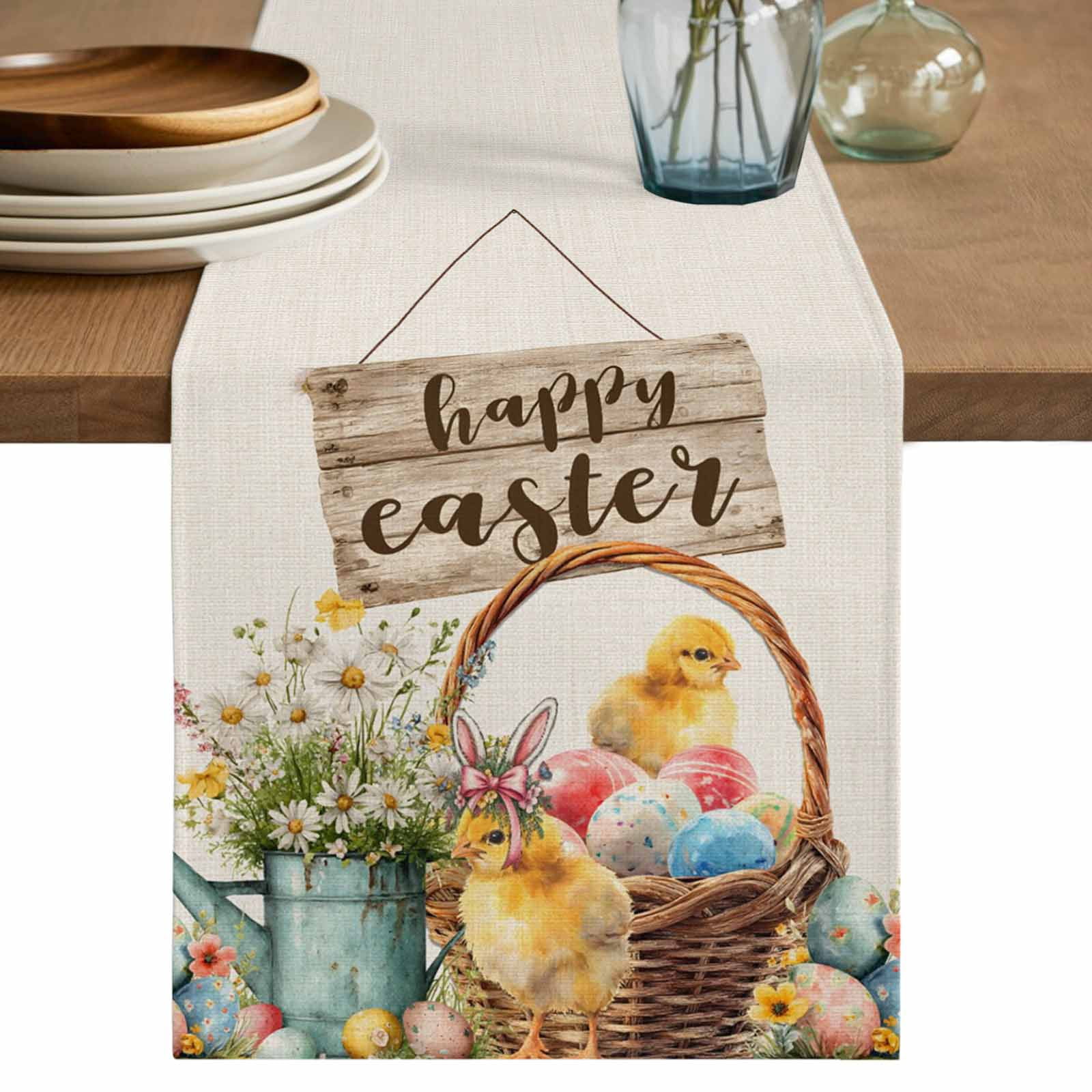 Easter Chicken Table Runner 72 Inches, Colorful Eggs Spring Daisy ...