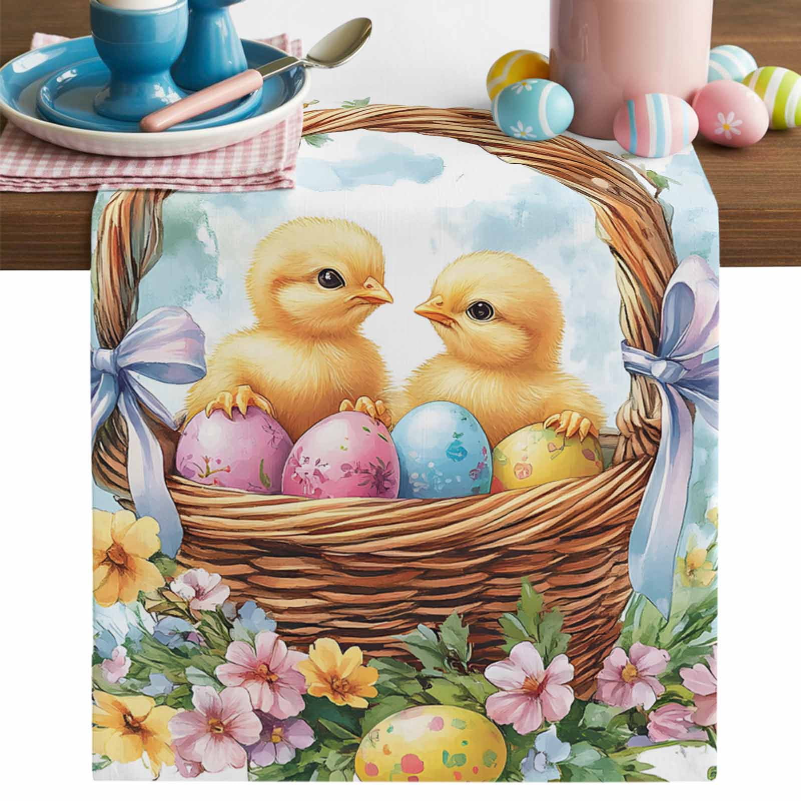 Easter Chicken Table Runner, Spring Egg Cartoon Style Cotton Linen ...