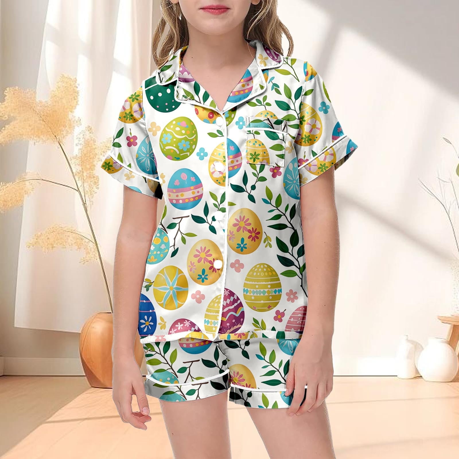 Easter Children Satin Pajamas Set Cute Bunny Outfit Easter Button up ...
