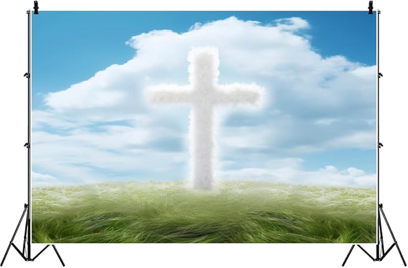 Easter Christian Cross Backdrop Holy Lights Blue Sky White Clouds Green ...