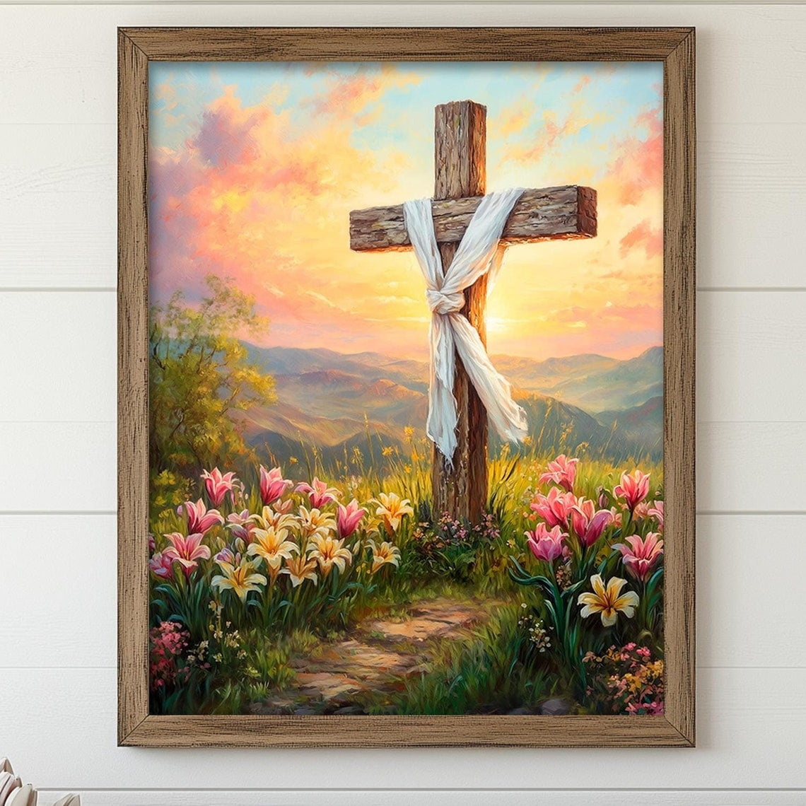 Easter Christian Wall Art, He Is Risen Cross On Mountain With Spring ...