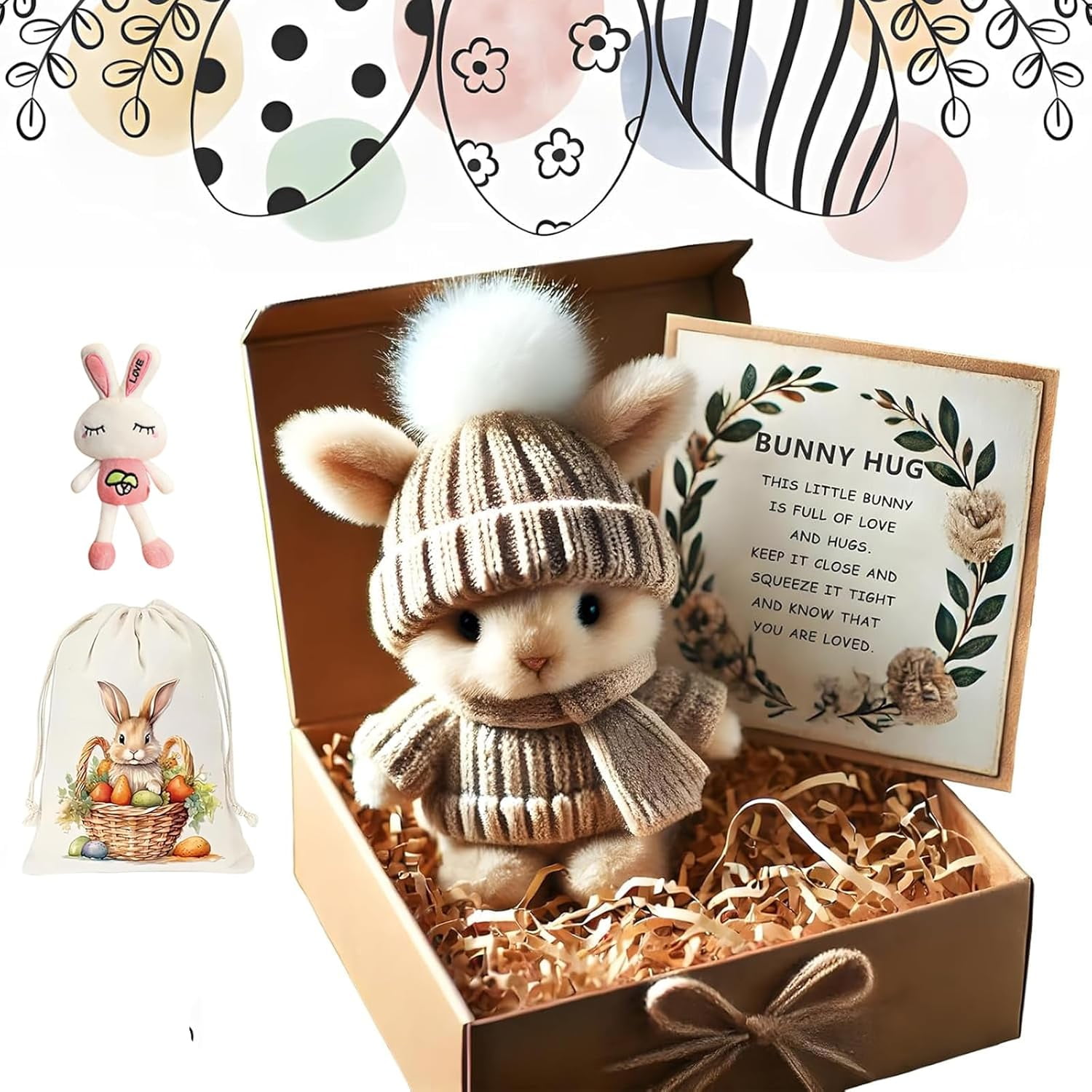 Easter Clearance Mini Bunny Hug Cute Easter Gift,Easter Plush Bunny with Knitted Hat and Pom Pom ...