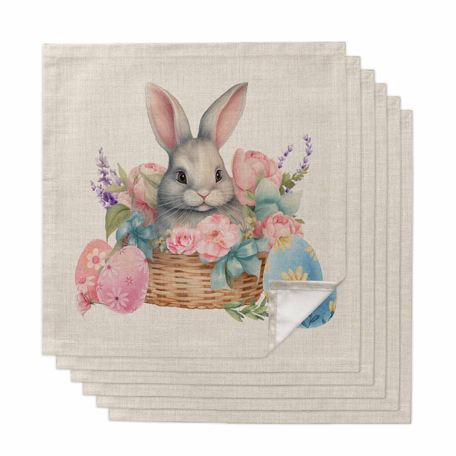 Easter, Cloth Napkins, Rustic Easter Basket Eggs Rabbits Tulip Lavender ...