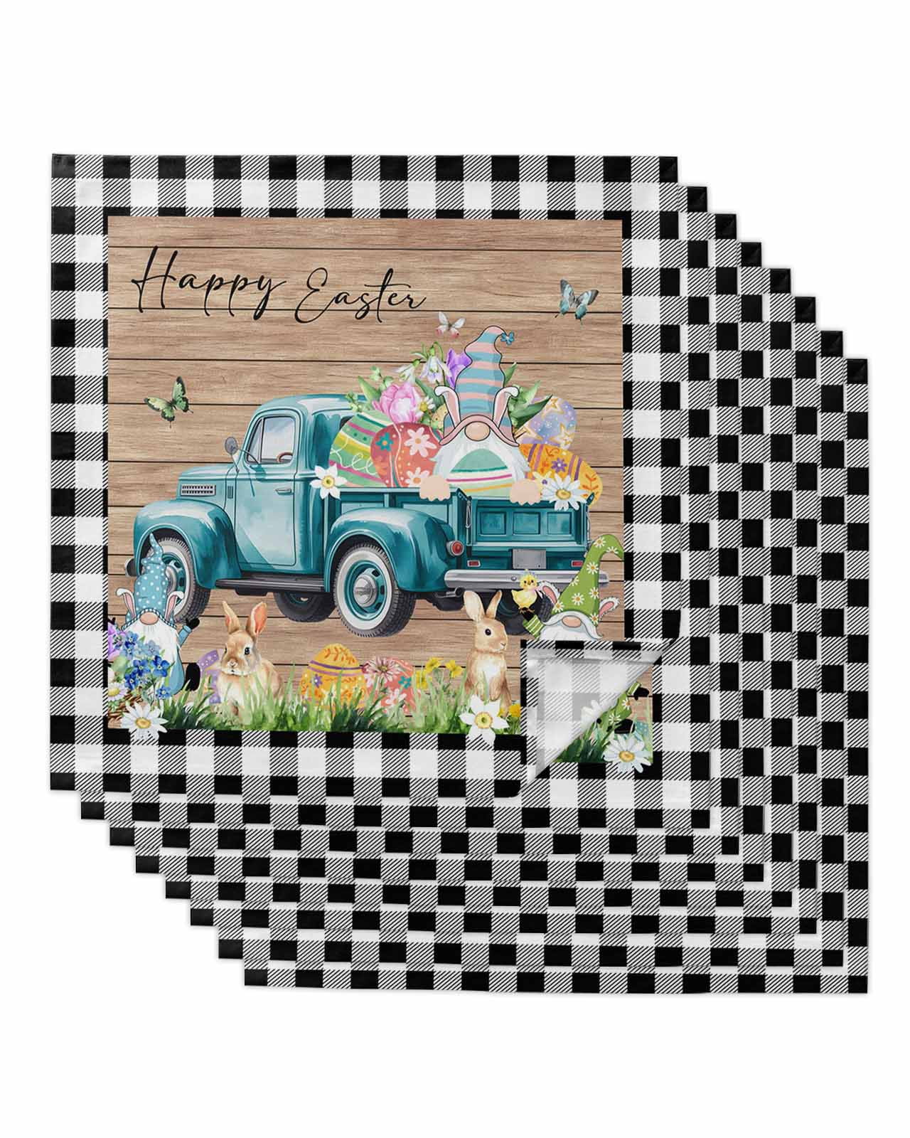 Easter Cloth Napkins Set of 8 Reusable Dinner Napkins, Plaid Truck Eggs ...