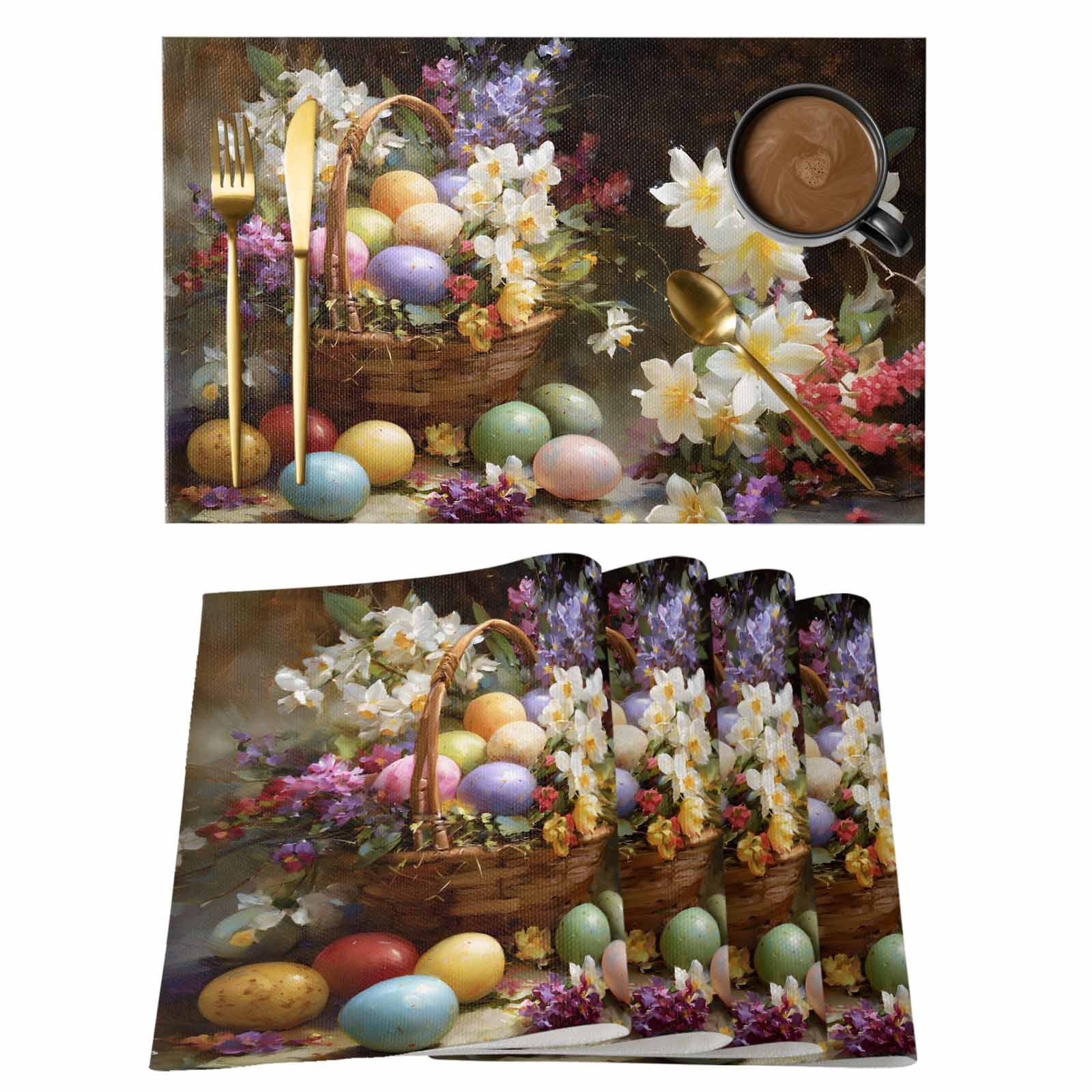 Easter Color Eggs Placemats Set of 4, White Purple Flowers Basket Oil ...
