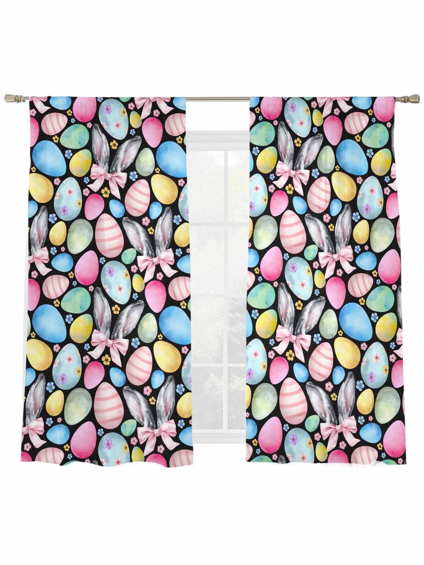 Easter Color Eggs Sheer Curtains 2 Panels Set Rabbit Ear Pink Ribbon ...