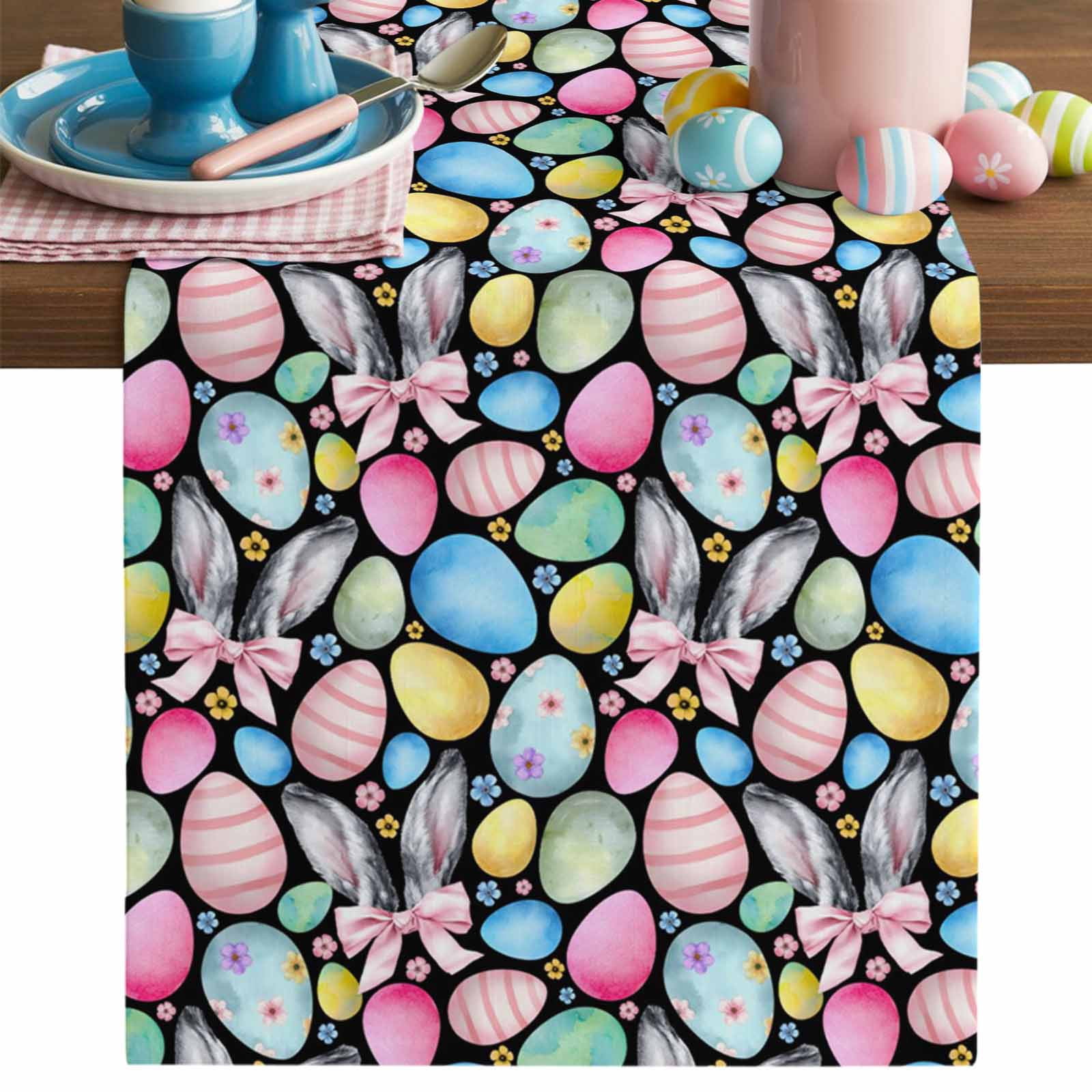 Easter Color Eggs Table Runner, Rabbit Ear Pink Ribbon Blue Flower ...