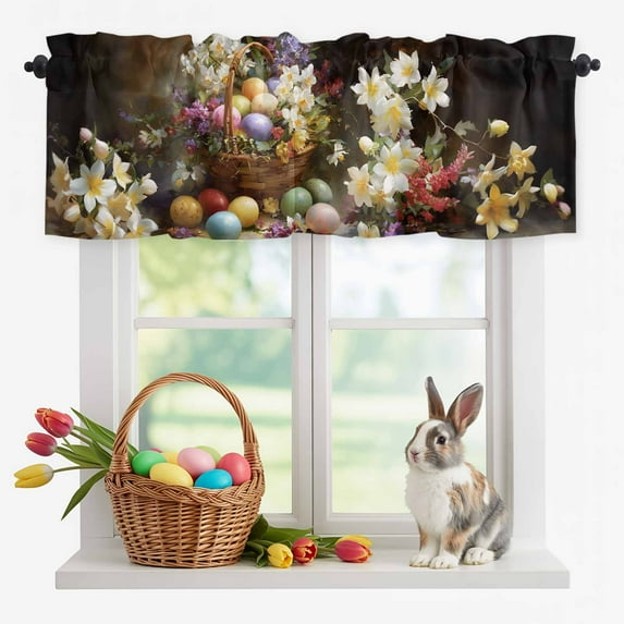 Easter Color Eggs Valances for Windows, White Purple Flowers Basket Oil ...
