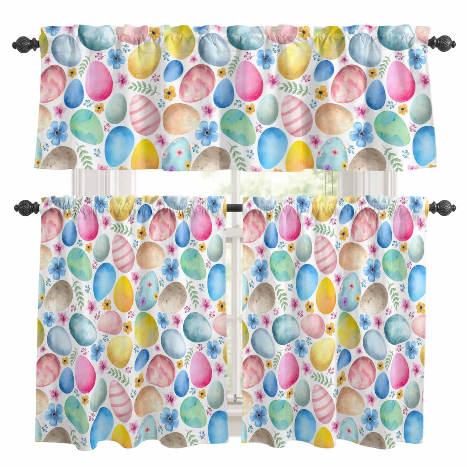 Easter Colored Eggs Kitchen Curtains and Valances Set, Blue Pink Orange ...