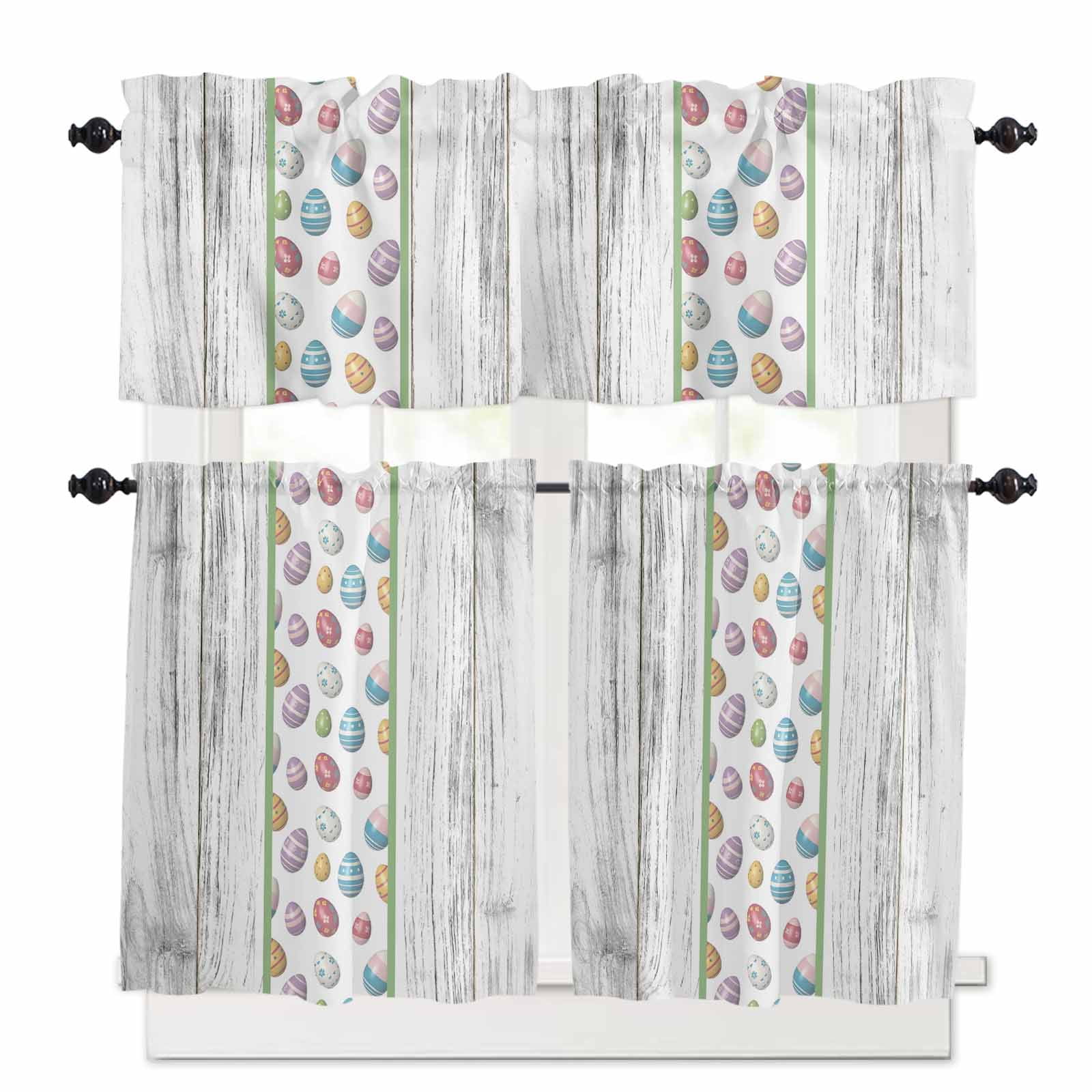 Easter Colored Eggs Kitchen Curtains Valances and Tiers Set of 3 Wooden ...
