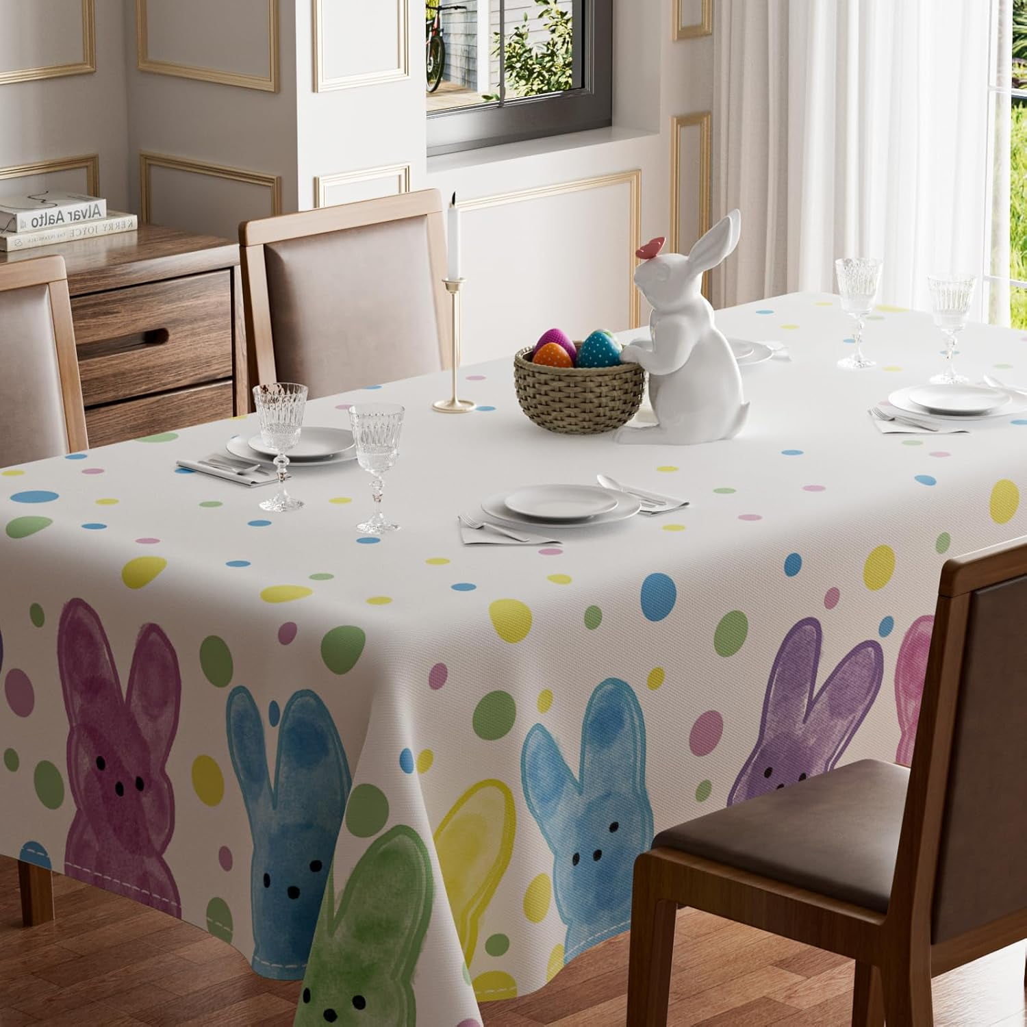 Easter Colorful Dots Cute Bunny Watercolor Rabbits Tablecloth Rectangle ...