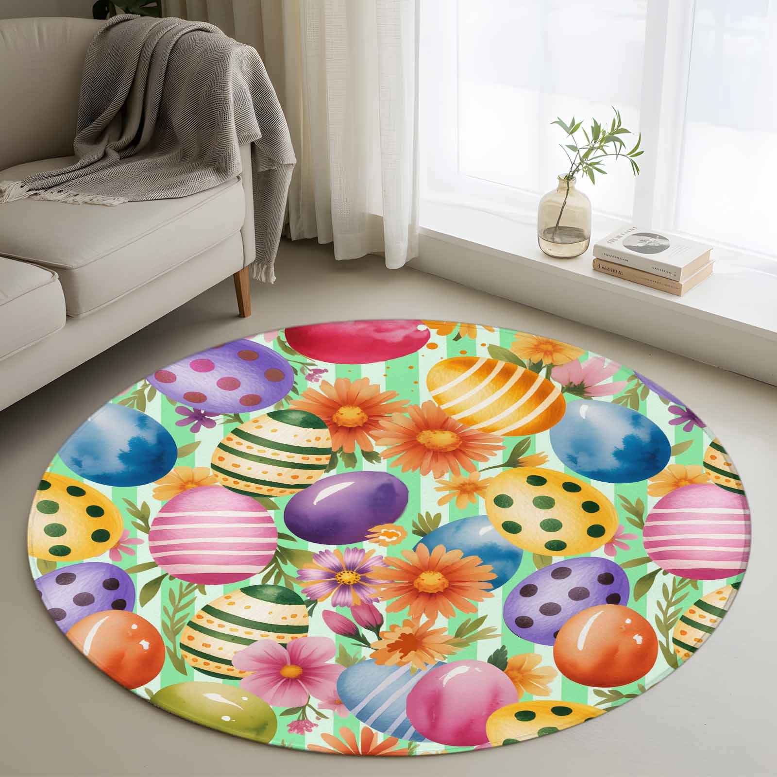 Easter Colorful Eggs Round Rug 4ft Washable Circle Entryway Rugs Non ...