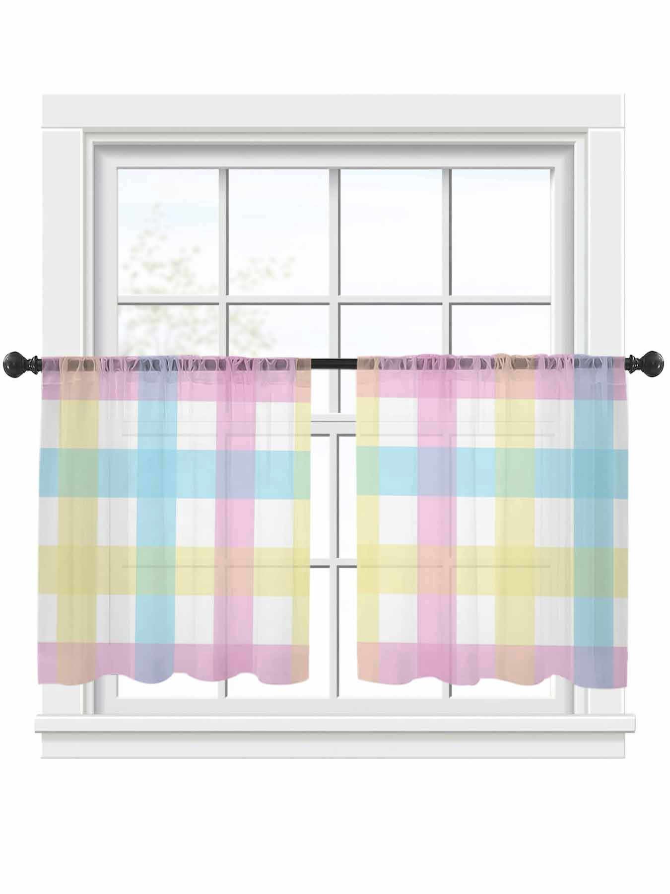 Easter Colors Plaid Sheer Curtains 45 Inch Long 2 Panels, Pink Blue ...