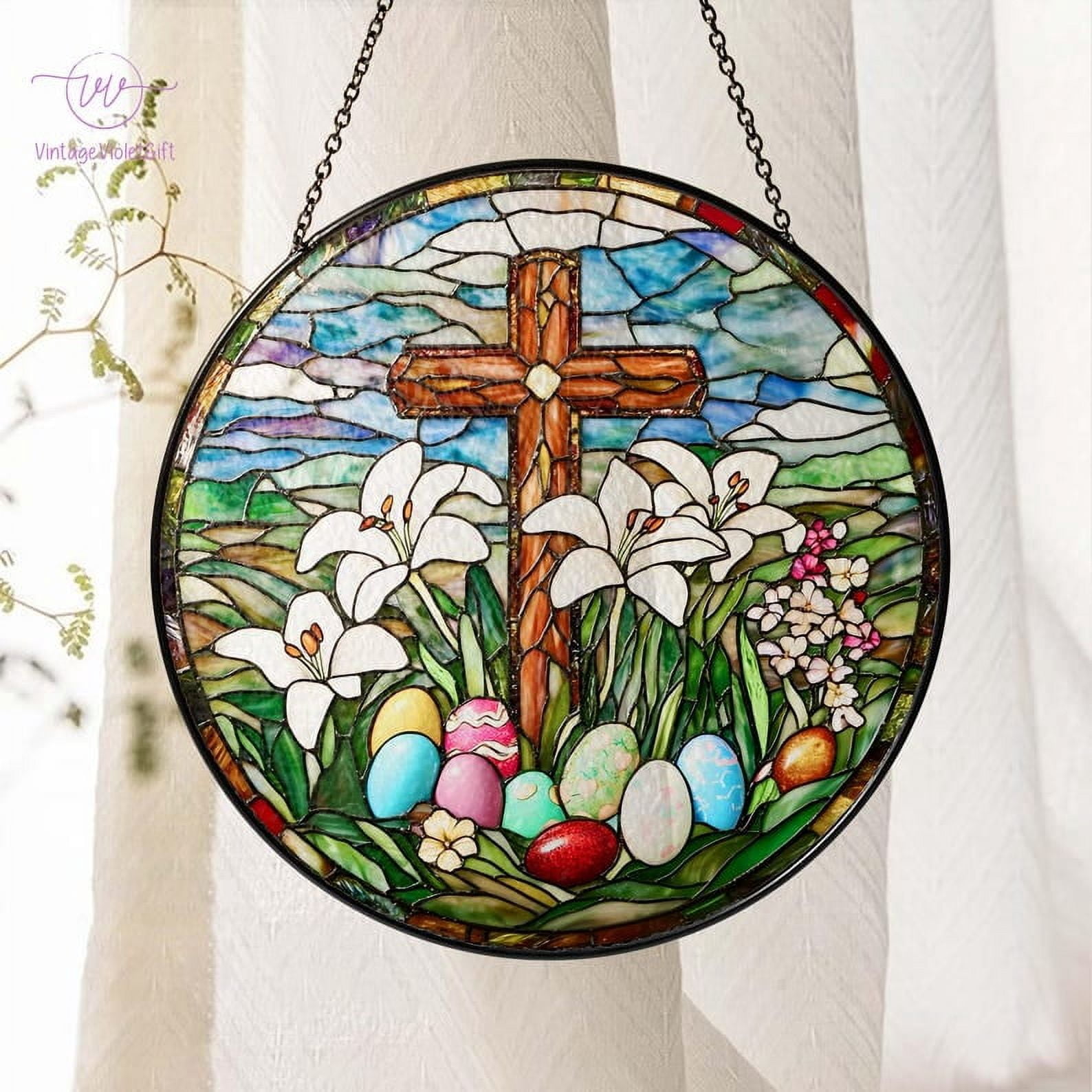 Easter Cross Christian Stained Glass Suncatcher, Easter Flower Eggs ...