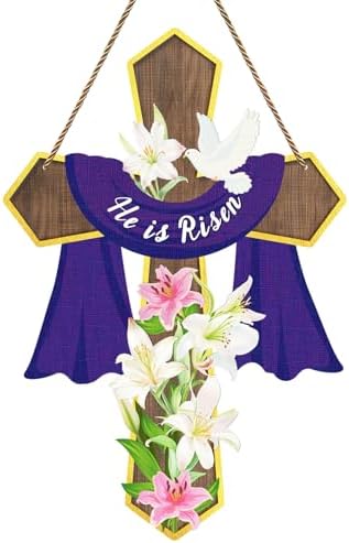 Easter Cross Door Sign He Is Risen Easter Decoration Easter Cross Sign ...