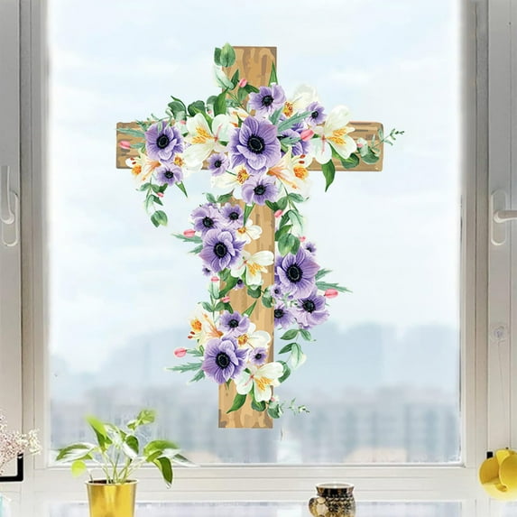 Easter Cross Window Stickers Botanical Flower Designs Removable Decals ...