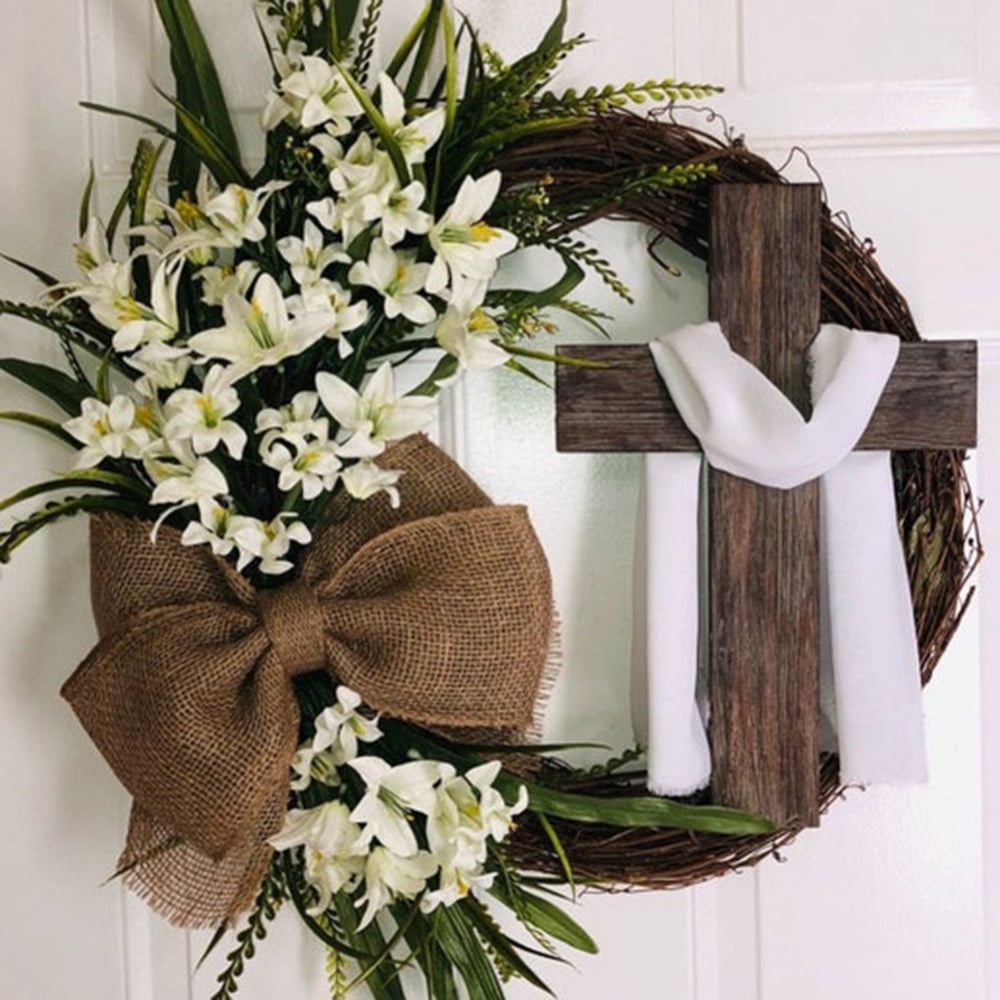 Easter Cross Wreath Burlap Bow Grapevine Wreath DIY Front Door Decor Easter Wreath Decor Easter ...