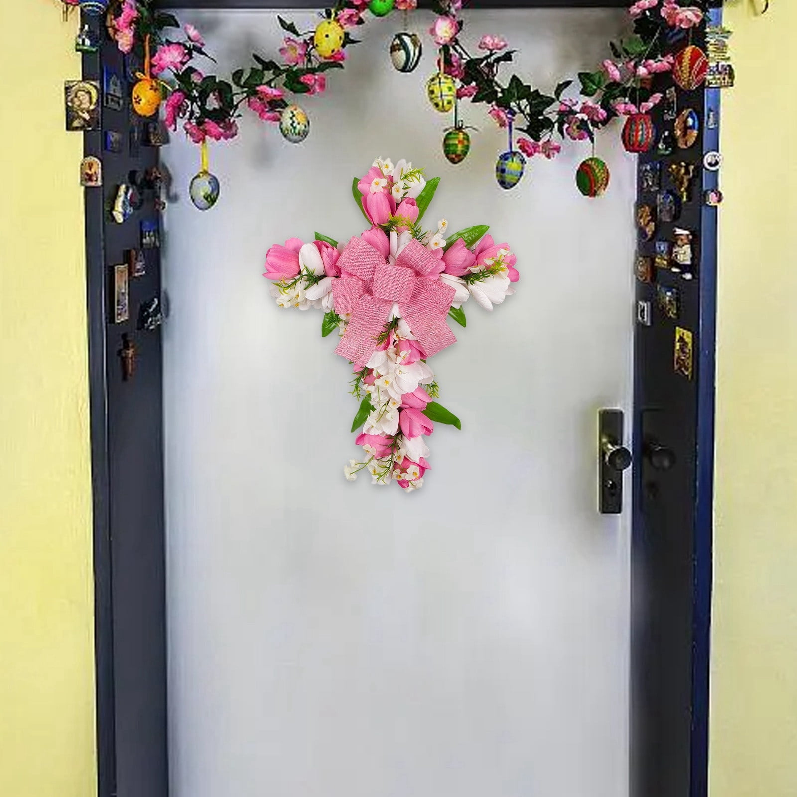 Easter Cross Wreath for Front Door | Religious Floral Wreath with Lily ...