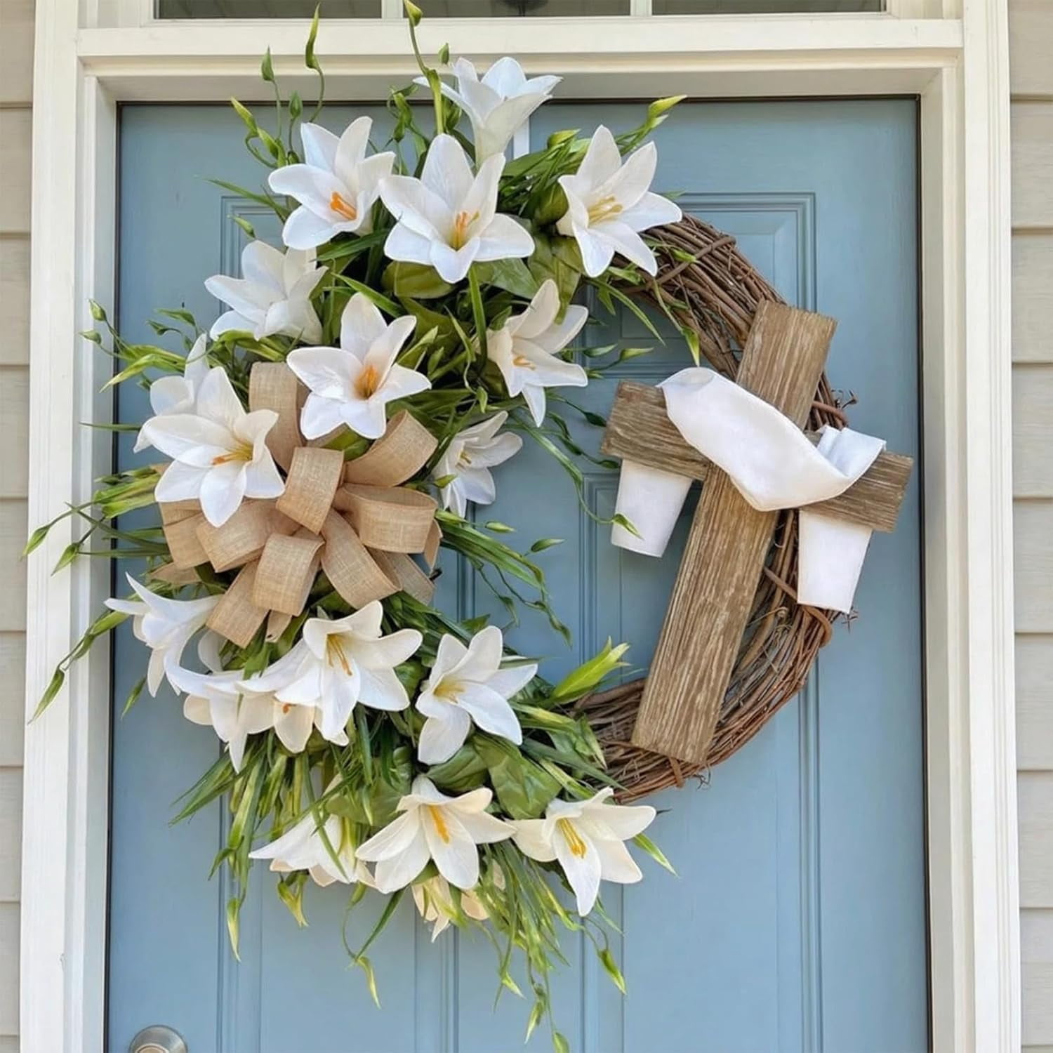 Easter Cross Wreath with White Lilies & Drape, "He Is Risen" Religious ...