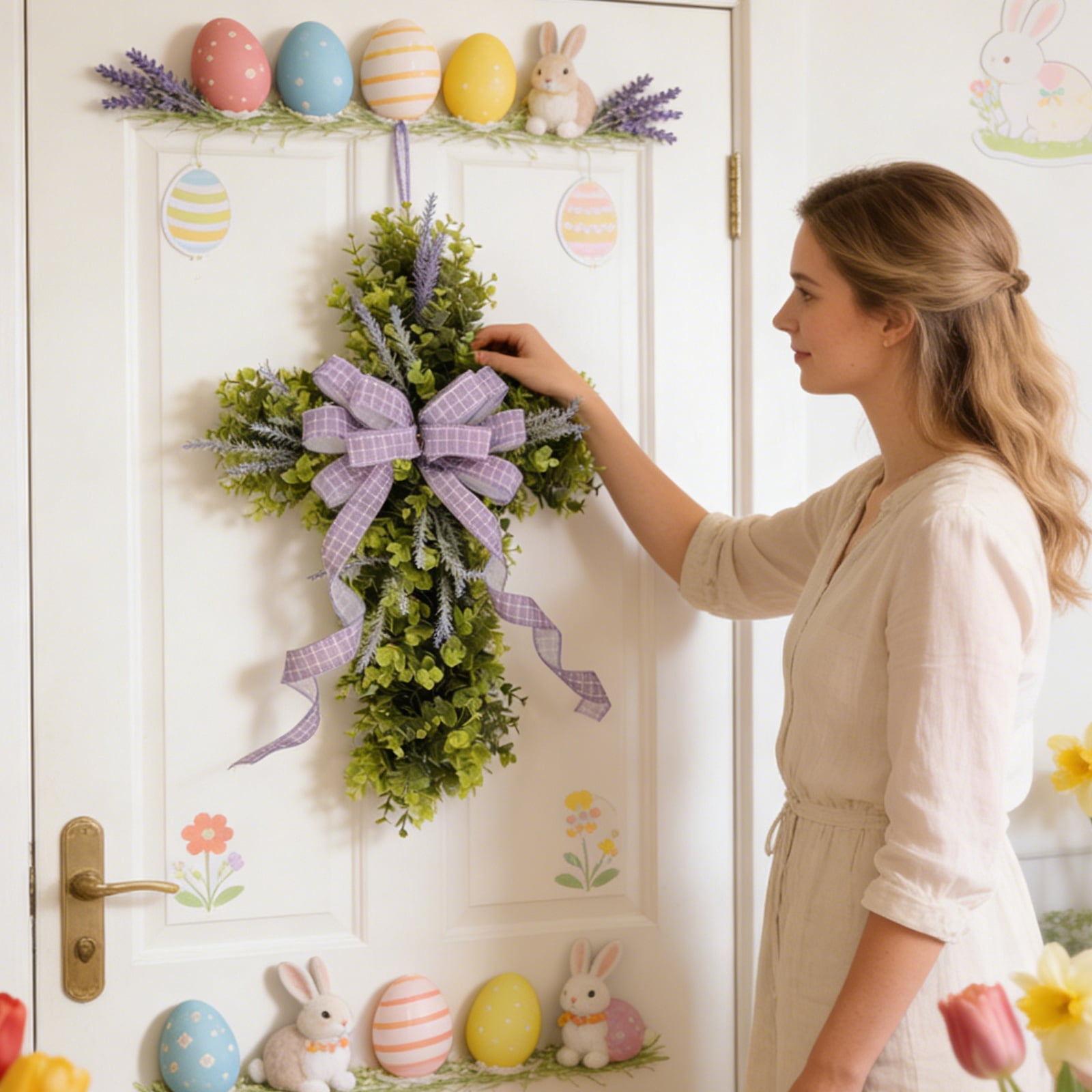 Easter Cross Wreaths for Front Door, 16" Artificial Spring Easter Cross ...