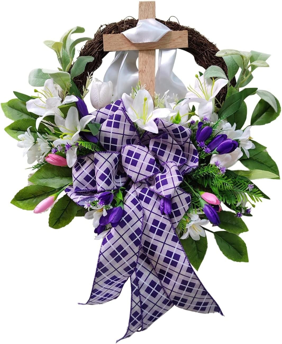 Easter Cross Wreaths for Front Door, 17.7 in Artificial Spring Easter ...