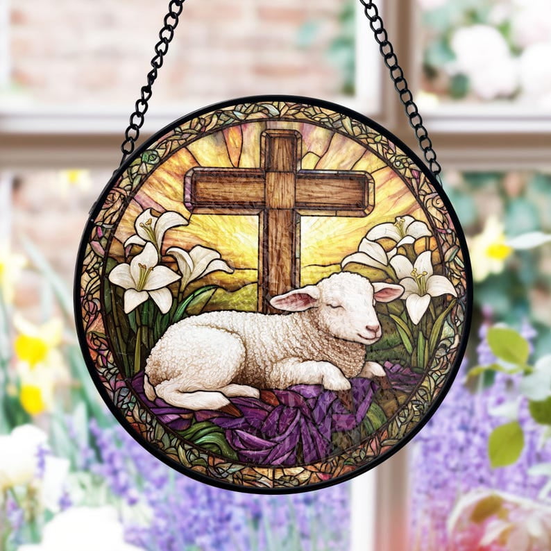Easter Cross and Lamb Stained Glass Suncatcher, Inspirational Christian ...