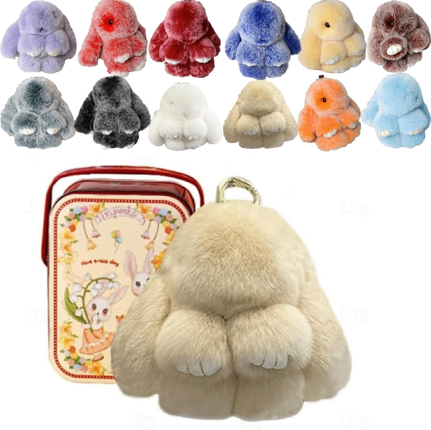 Easter Cute Bunny Plush Keychain With Tin Box,Soft Mini Rabbit Bag ...