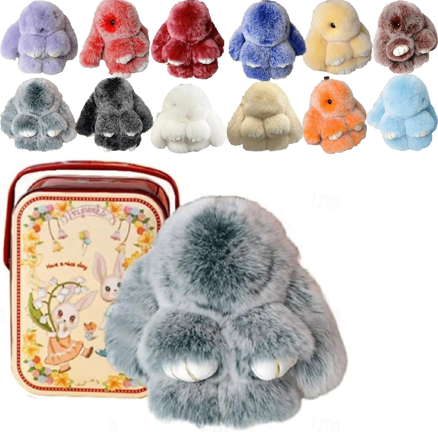Easter Cute Bunny Plush Keychain With Tin Box,Soft Mini Rabbit Bag ...