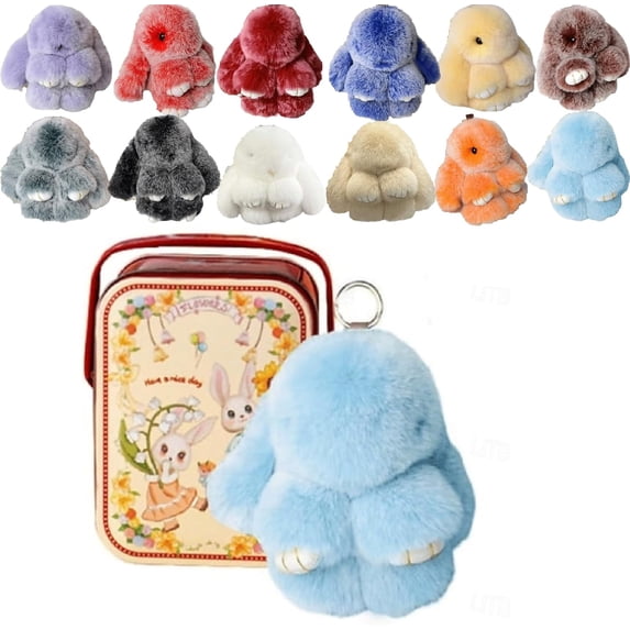 Easter Cute Bunny Plush Keychain With Tin Box,Soft Mini Rabbit Bag ...