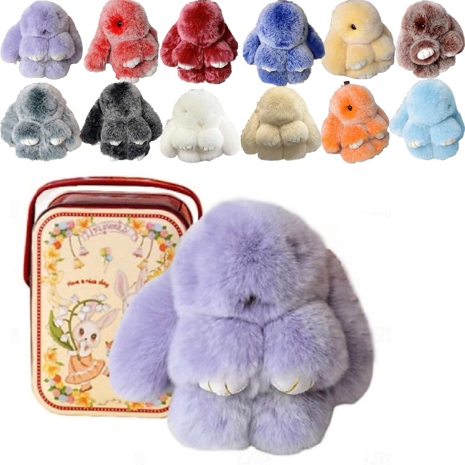 Easter Cute Bunny Plush Keychain With Tin Box,Soft Mini Rabbit Bag ...