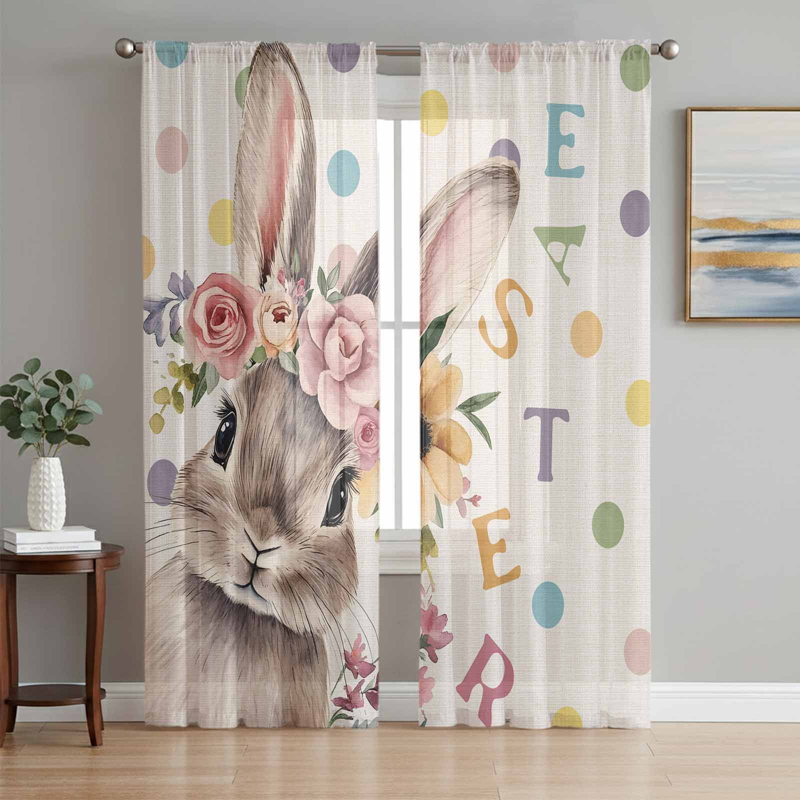Easter Cute Bunny Sheer Curtains 84 Inch Length 2 Panels Set, Farmhouse ...