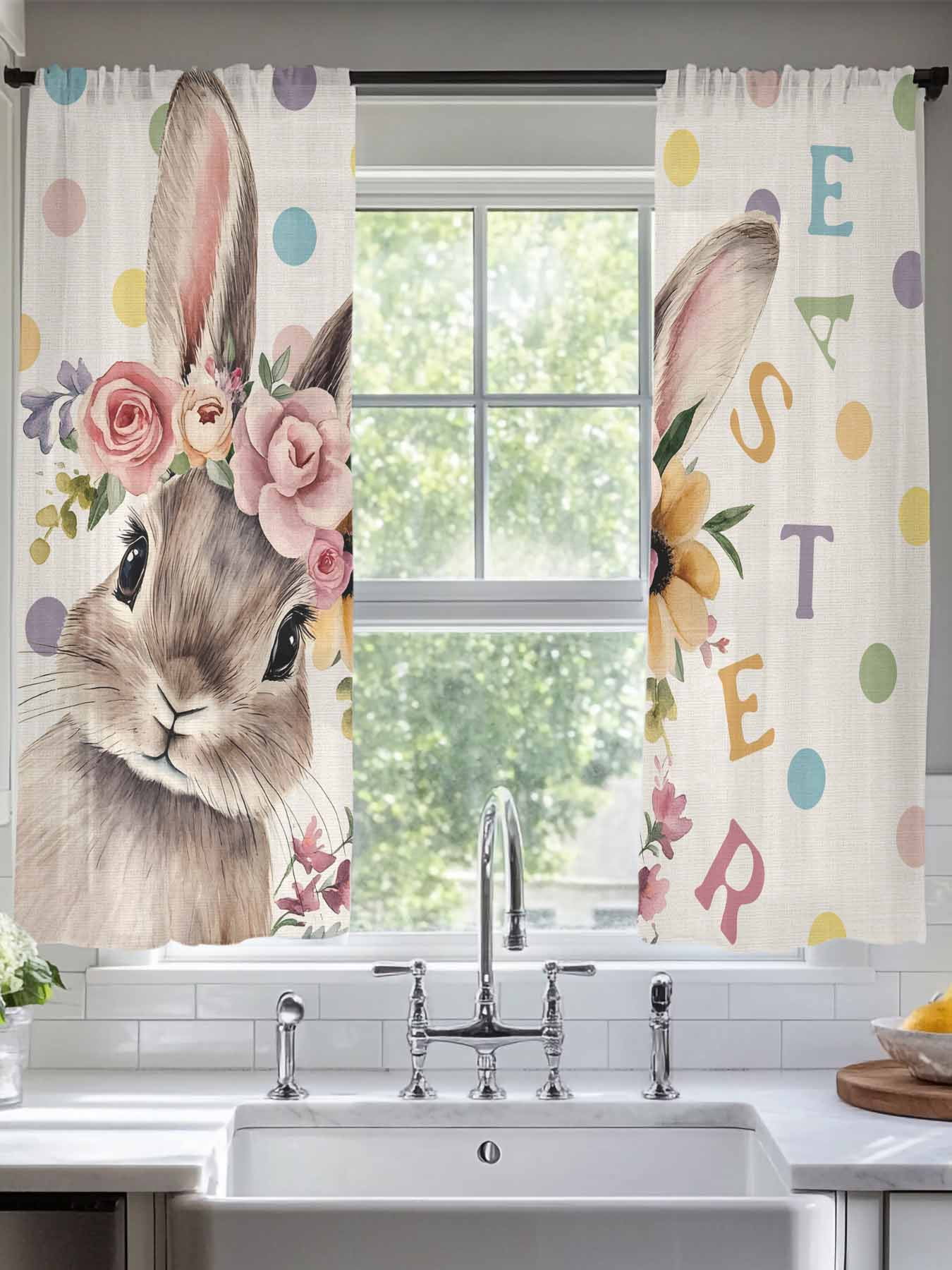 Easter Cute Bunny Sheer Curtains for Living Room Bedroom Farmhouse ...