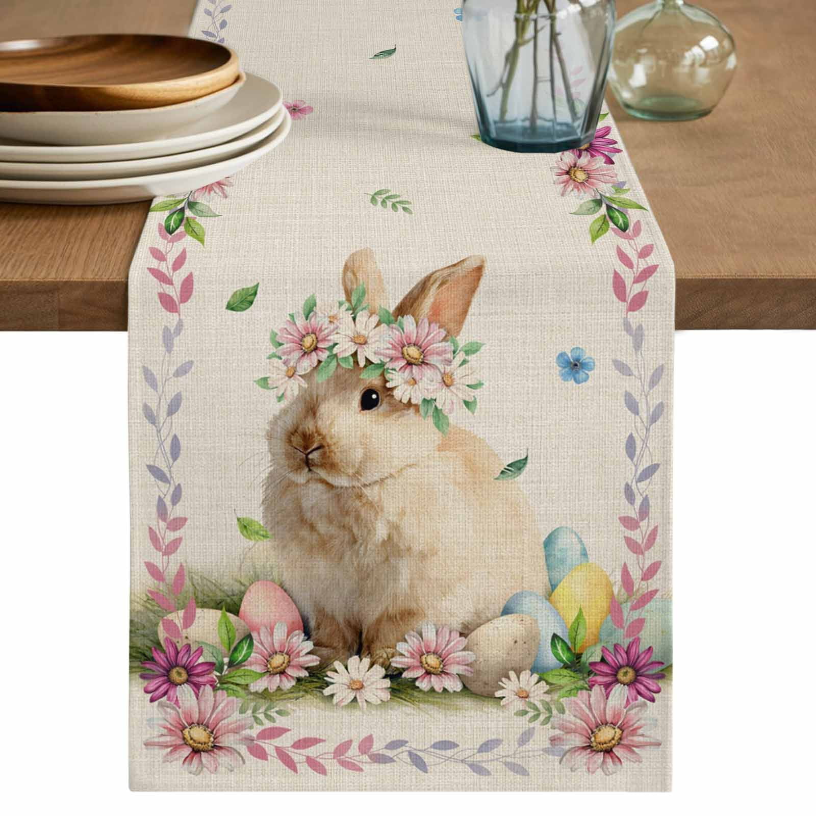 Easter Cute Bunny Table Runner 36 Inches, Eggs Spring Daisy Flowers ...